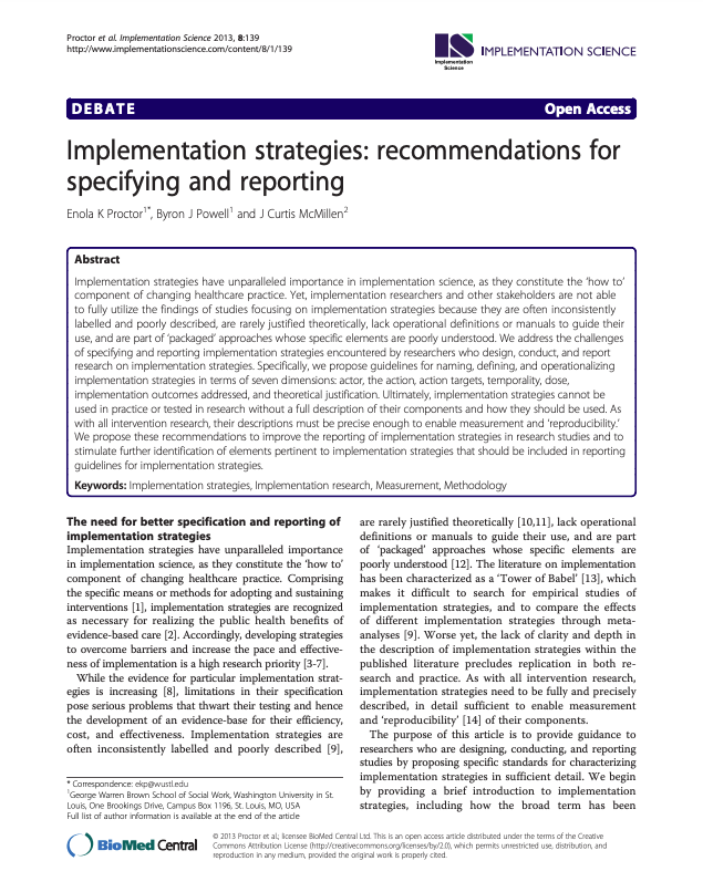 Implementation Strategies Recommendations For Specifying And Reporting